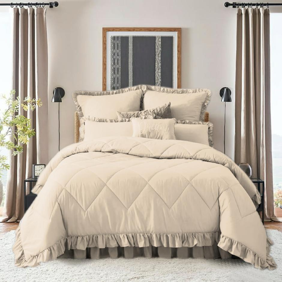 5 Piece Frilled Comforter Set - Soft Amber - MK Bed Linen